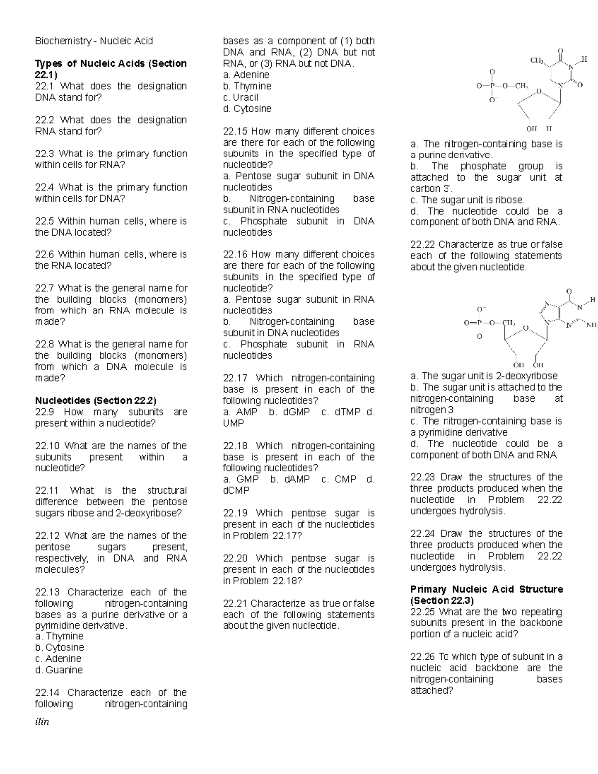 Practice Questions in Biochem - Biochemistry - Nucleic Acid Types of ...
