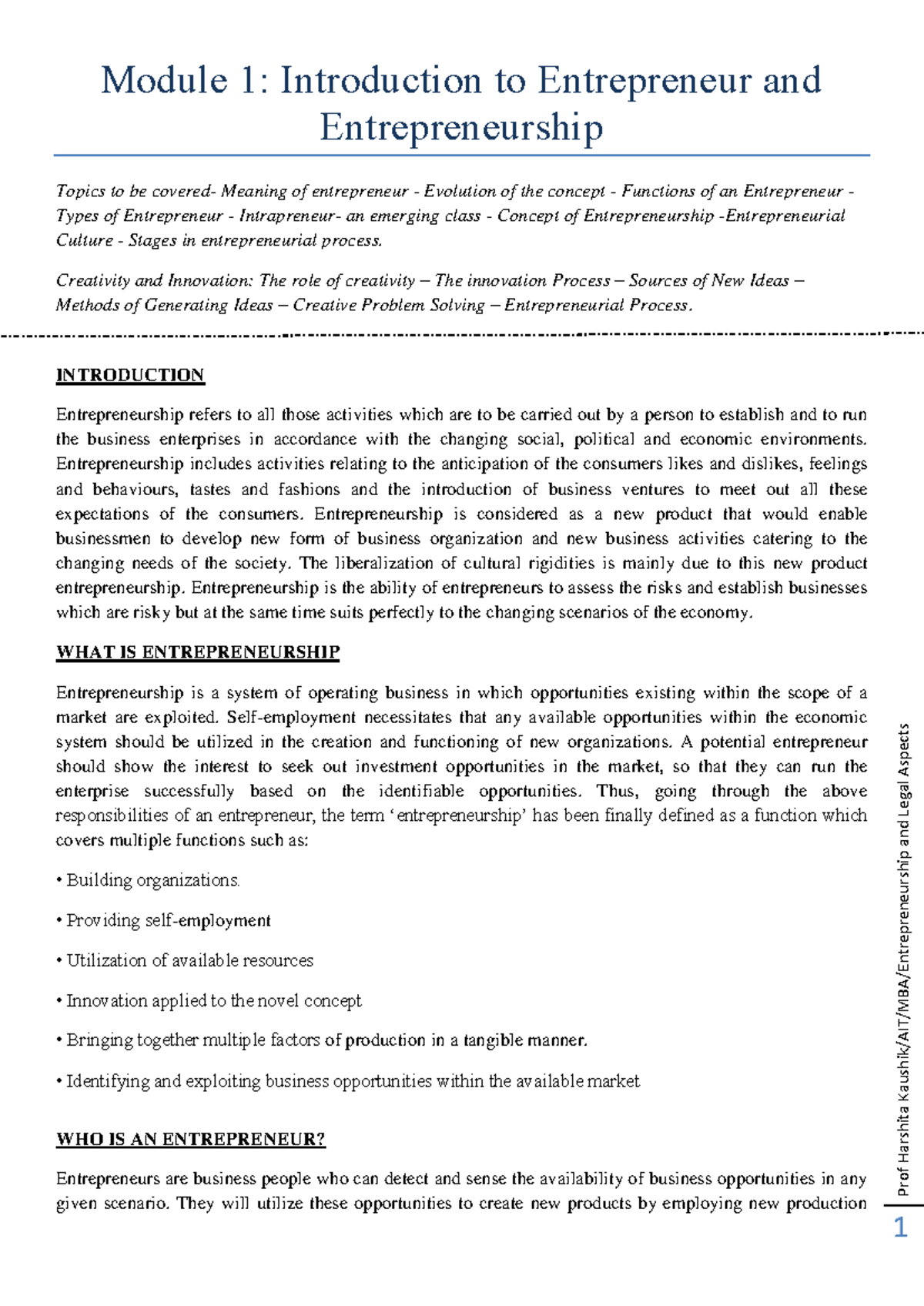 Module 1: Intro to Entrepreneurs and Entrepreneurship (MBA) - Studocu