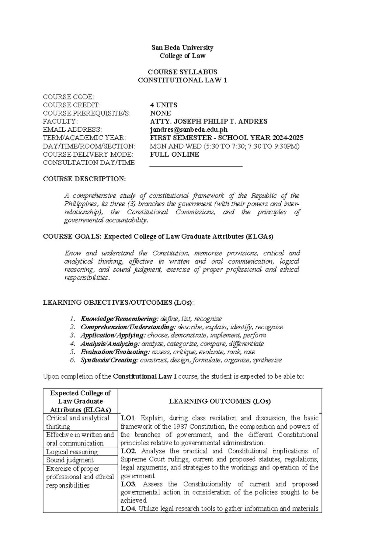Constitutional Law 1 Syllabus for First Year Students (2024) - Studocu