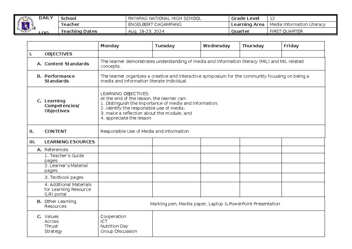 Grade 12 MIL Lesson Plan: Daily Module 4 - Aug 2024 - Studocu