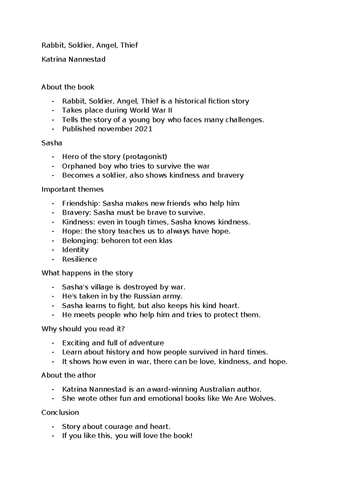 Rabbit, Soldier, Angel, Thief: A Historical Fiction Overview - Studeersnel