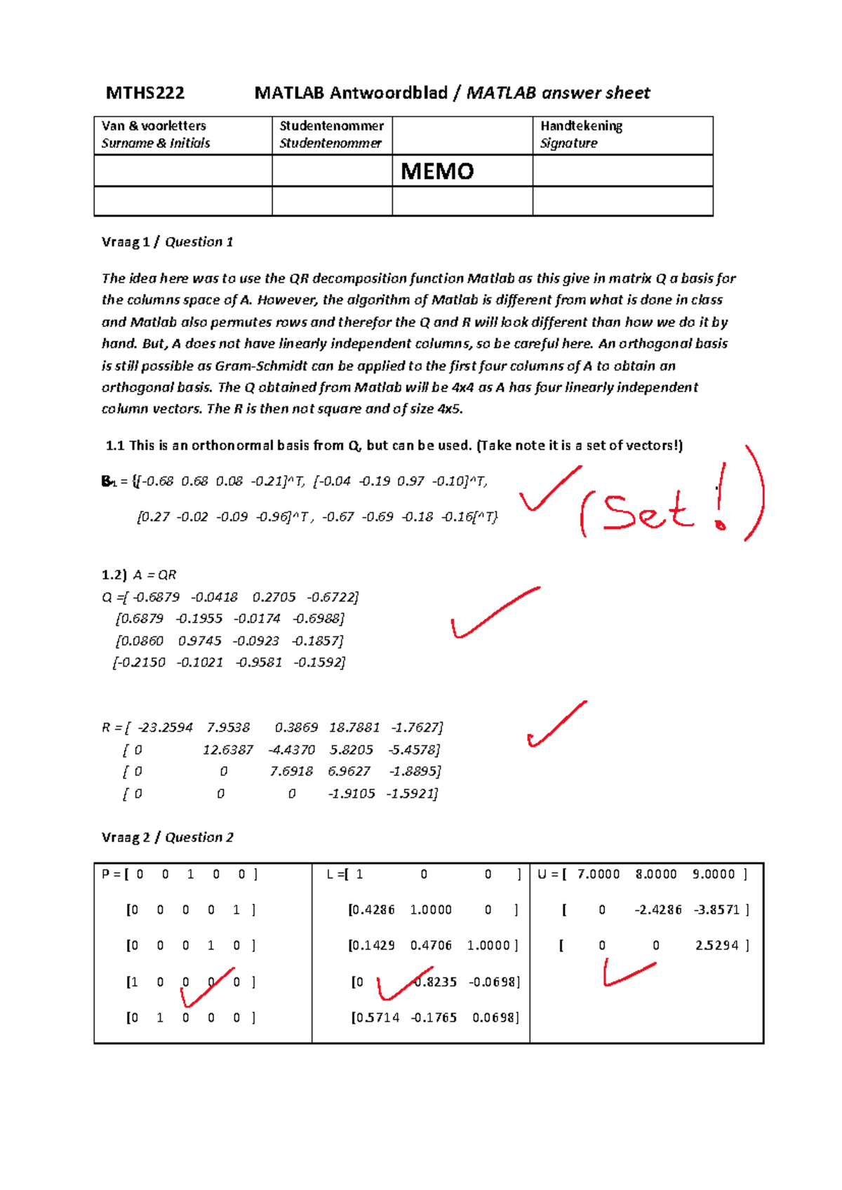 MTHS222 MATLAB Answersheet MEMO: QR Decomposition & Eigenvalues - Studocu