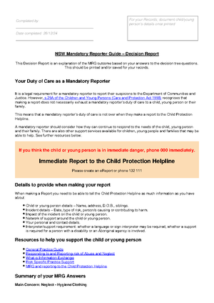 NSW Mandatory Reporter Guide - Decision Report for Child Welfare - Studocu