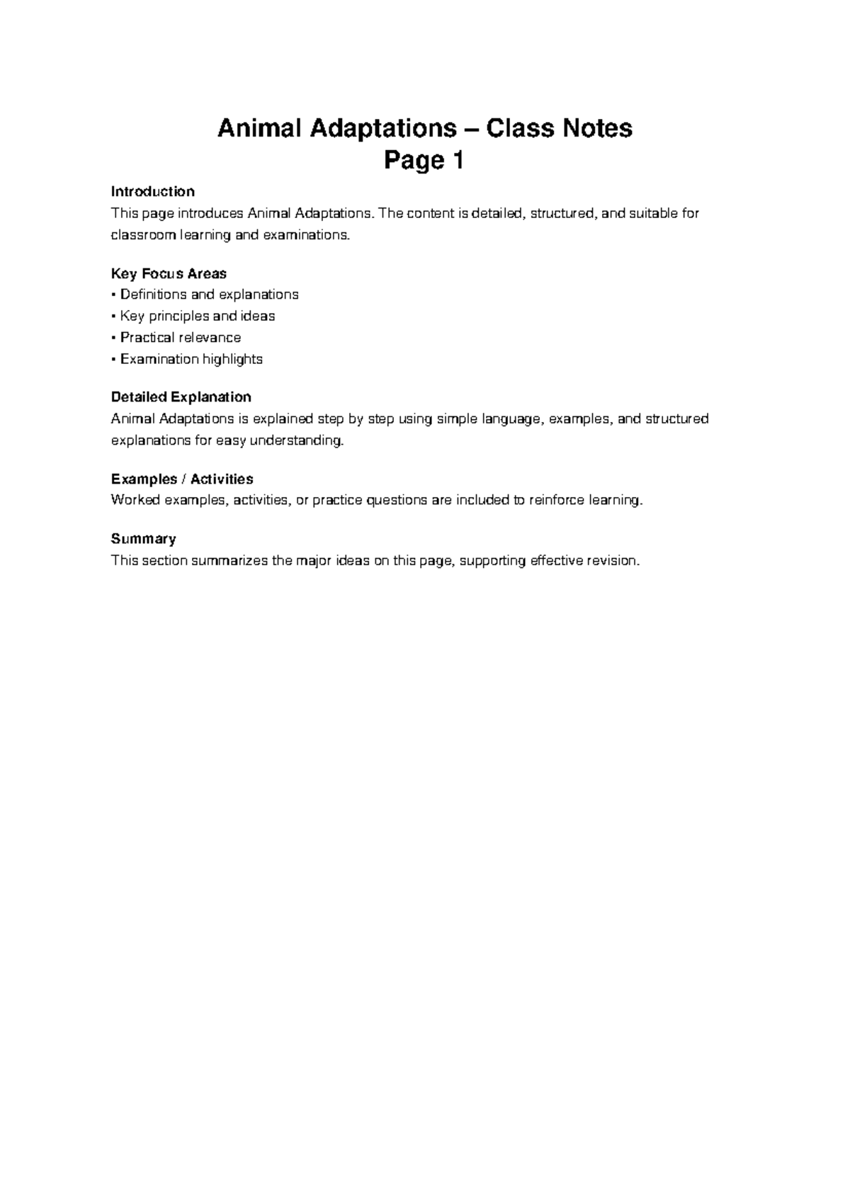 Animal Adaptations Class Notes: Key Concepts & Exam Prep - Studocu