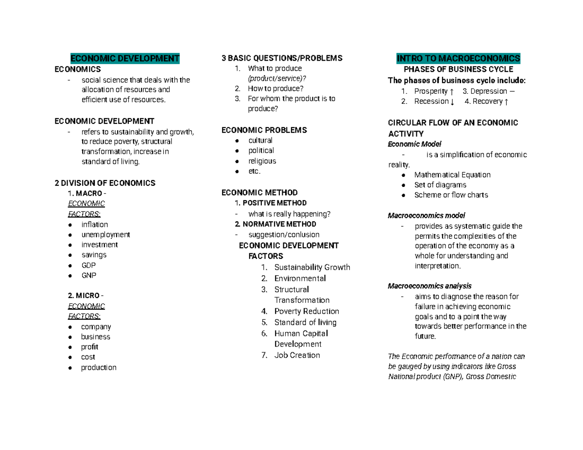 Ecodev Reviewer: Economic Development Concepts and Theories Summary - Studocu