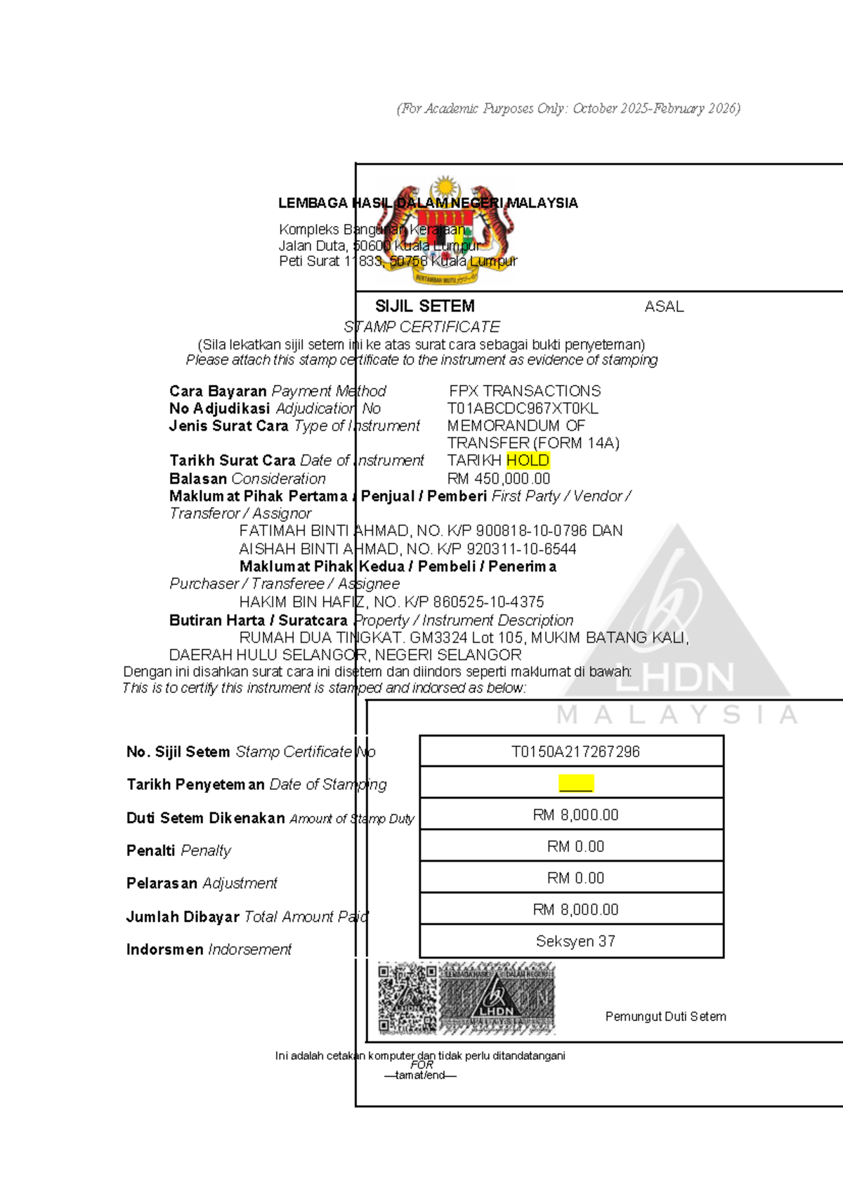Sijil Setem Template: For Academic Purposes Only (Oct 2025-Feb 2026 ...