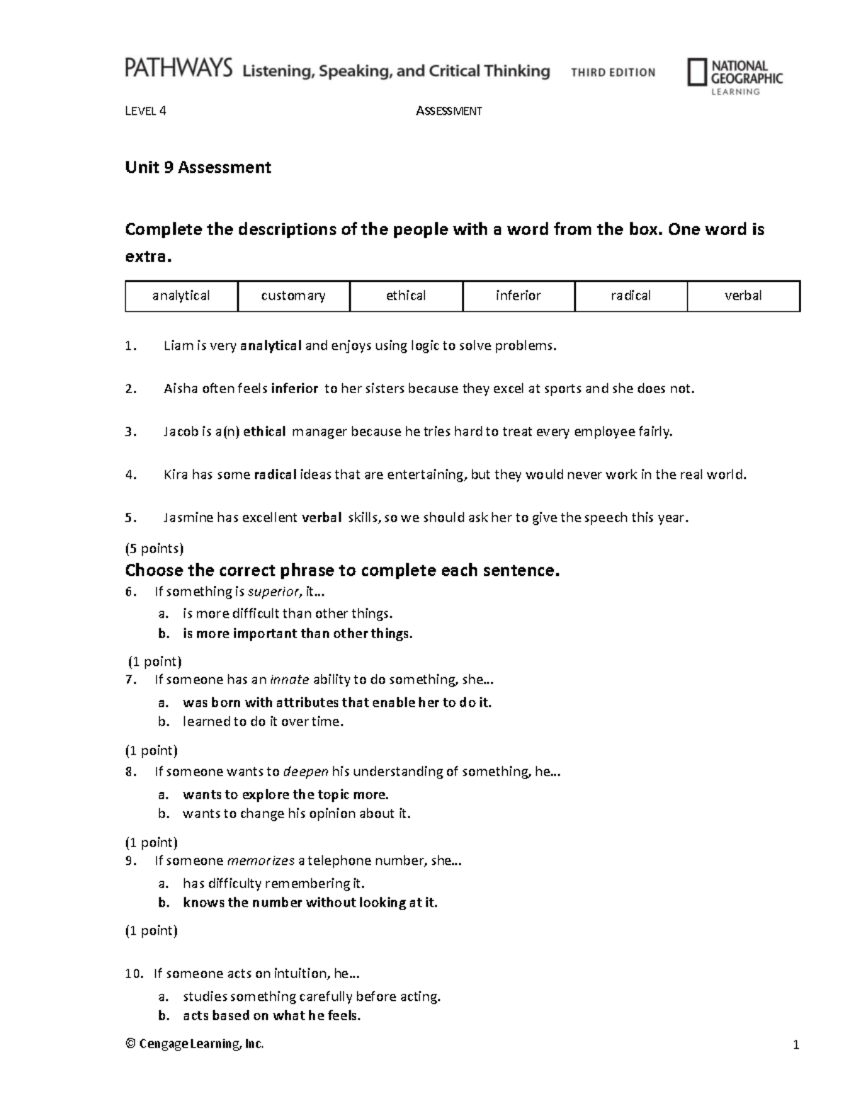 Pathways LS 3e L4 Assessment Unit 9: Descriptive Skills & Verbal ...