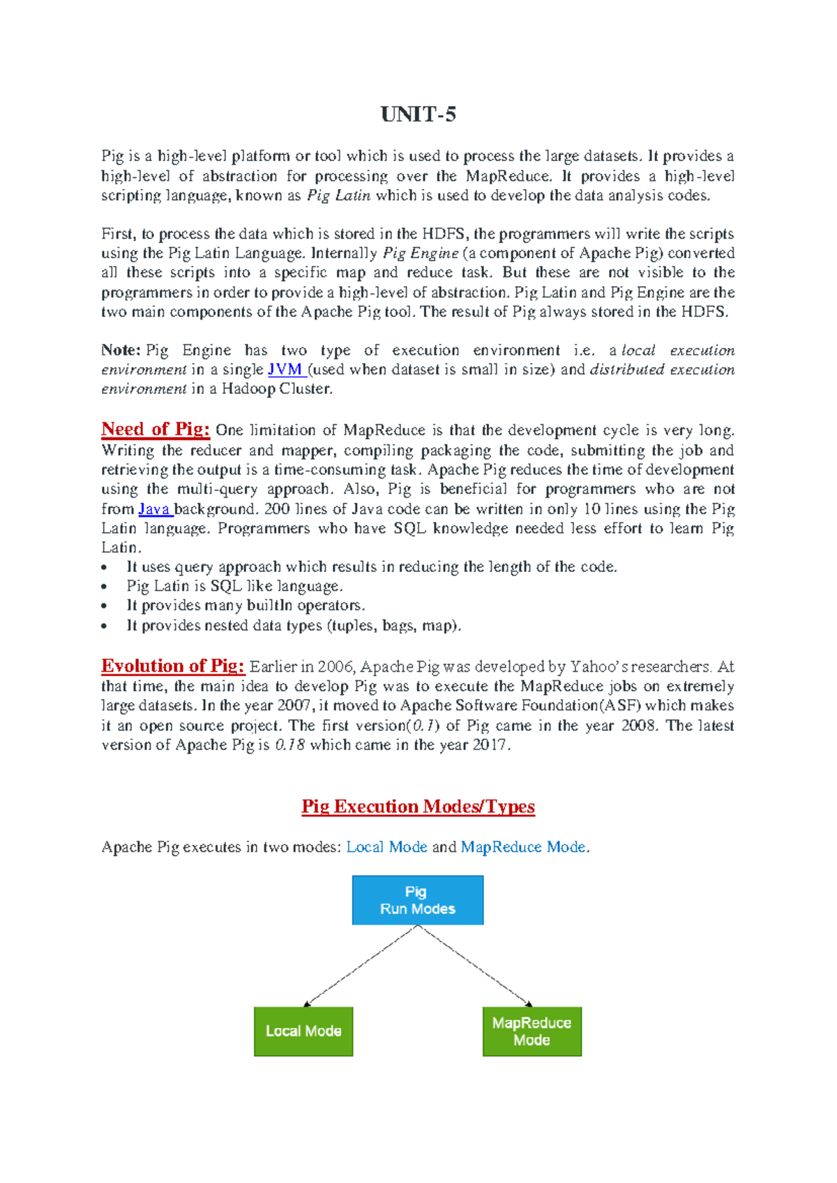 BD Unit-5: Overview of Pig, Hive, and HBase in Big Data Processing - Studocu