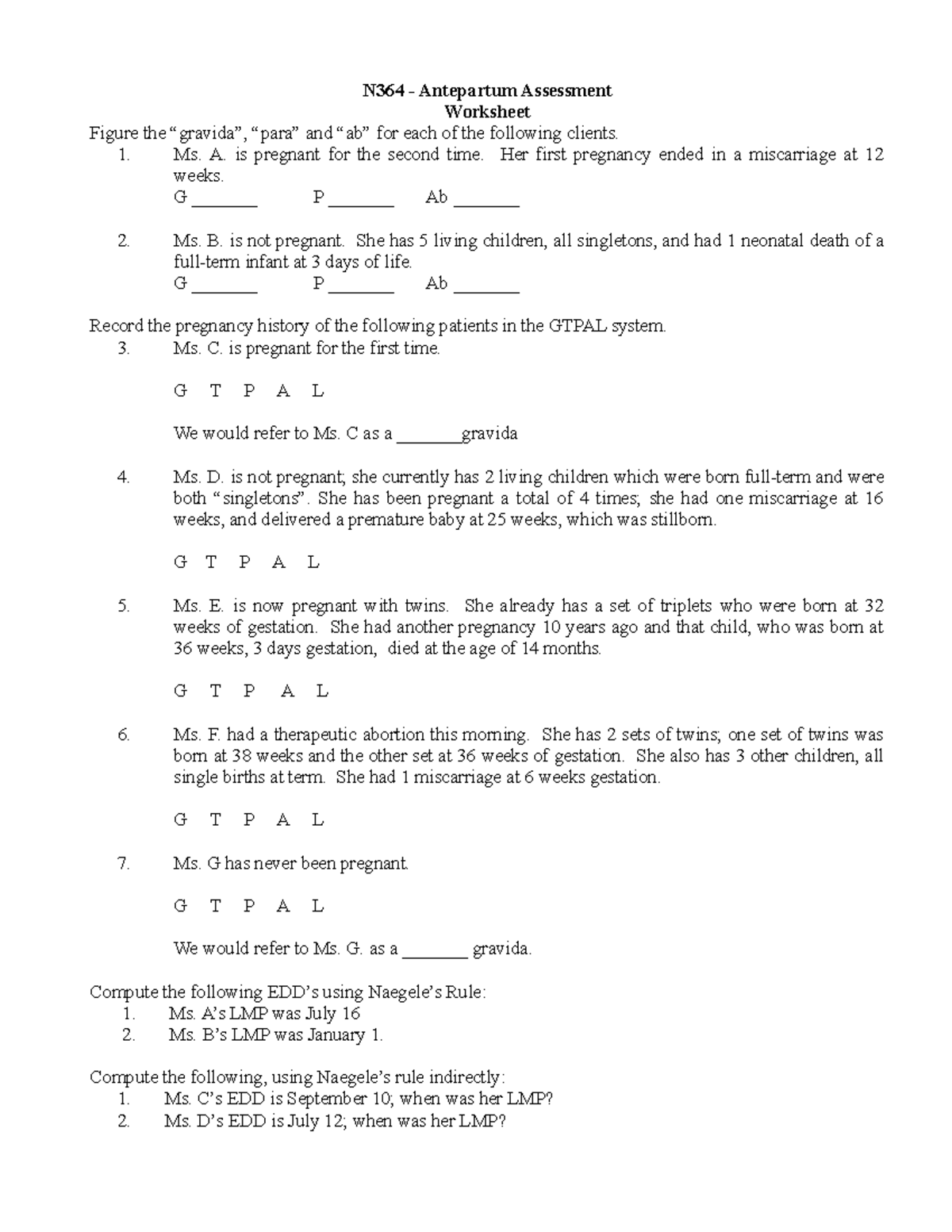 Gtpal worksheet for OB - N364 - Antepartum Assessment Worksheet Figure ...