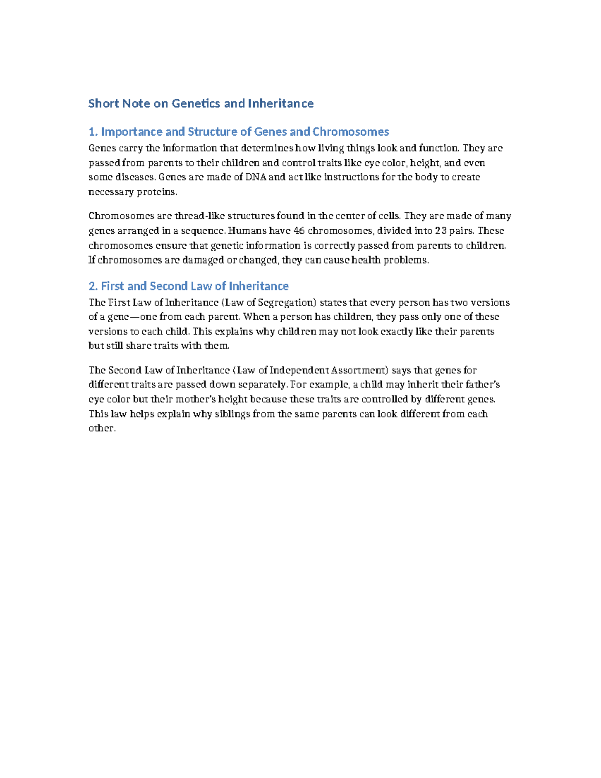 Genetics Assignment - Short Note on Genetics and Inheritance 1 ...