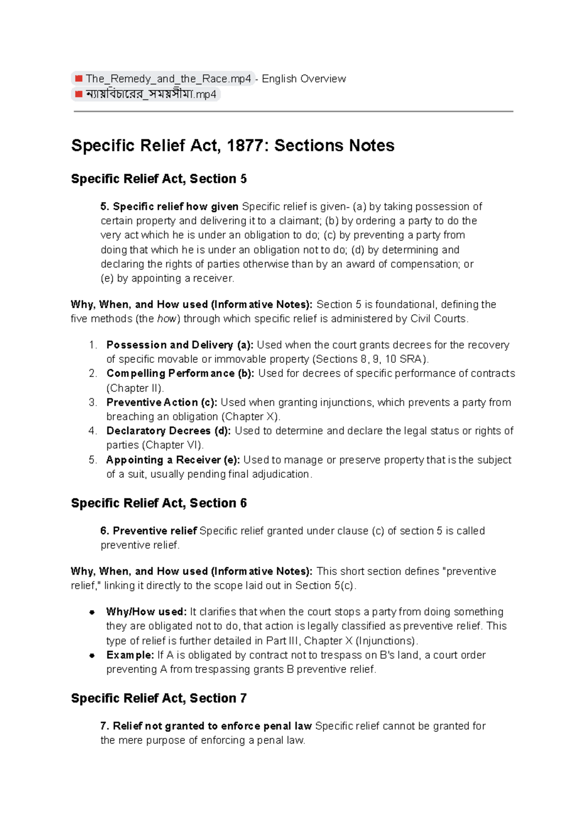 SR and LA 1 - Specific Relief and Limitation Act Notes - Studocu