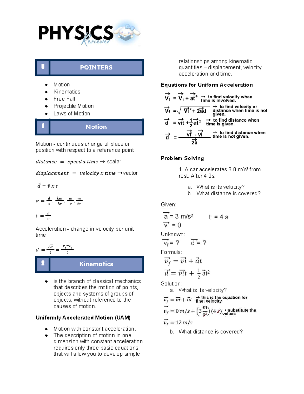 Kinematics and Motion: Displacement, Velocity, Acceleration Analysis (PHYS-2-1) - Studocu