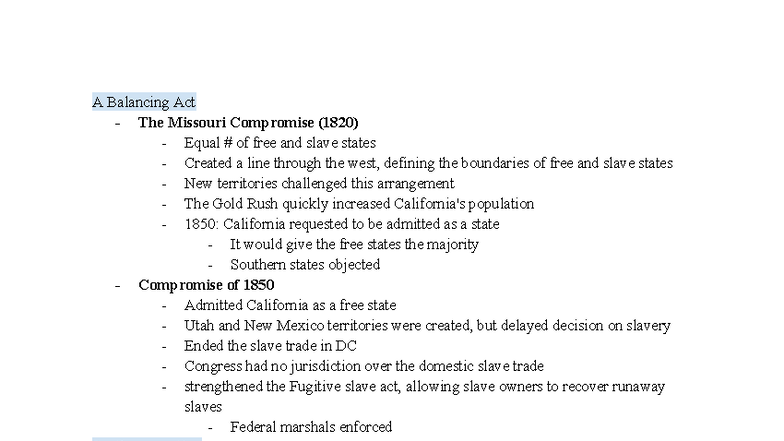 US History Notes: The Road to Civil War (1850-1860) - Key Events - Studocu