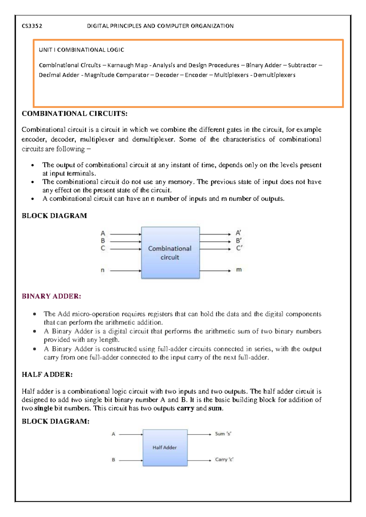 Unit 1 digital electronics csc - COMBINATIONAL CIRCUITS: Combinational ...