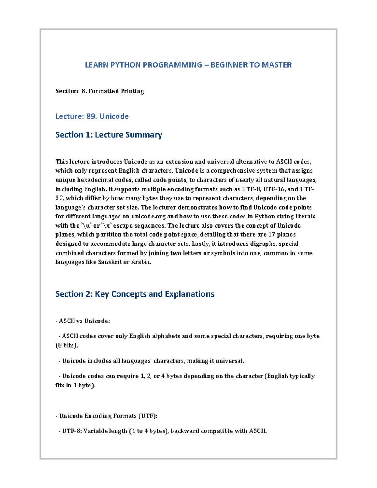 Python Programming: Unicode Overview - Lecture 89 - Studocu