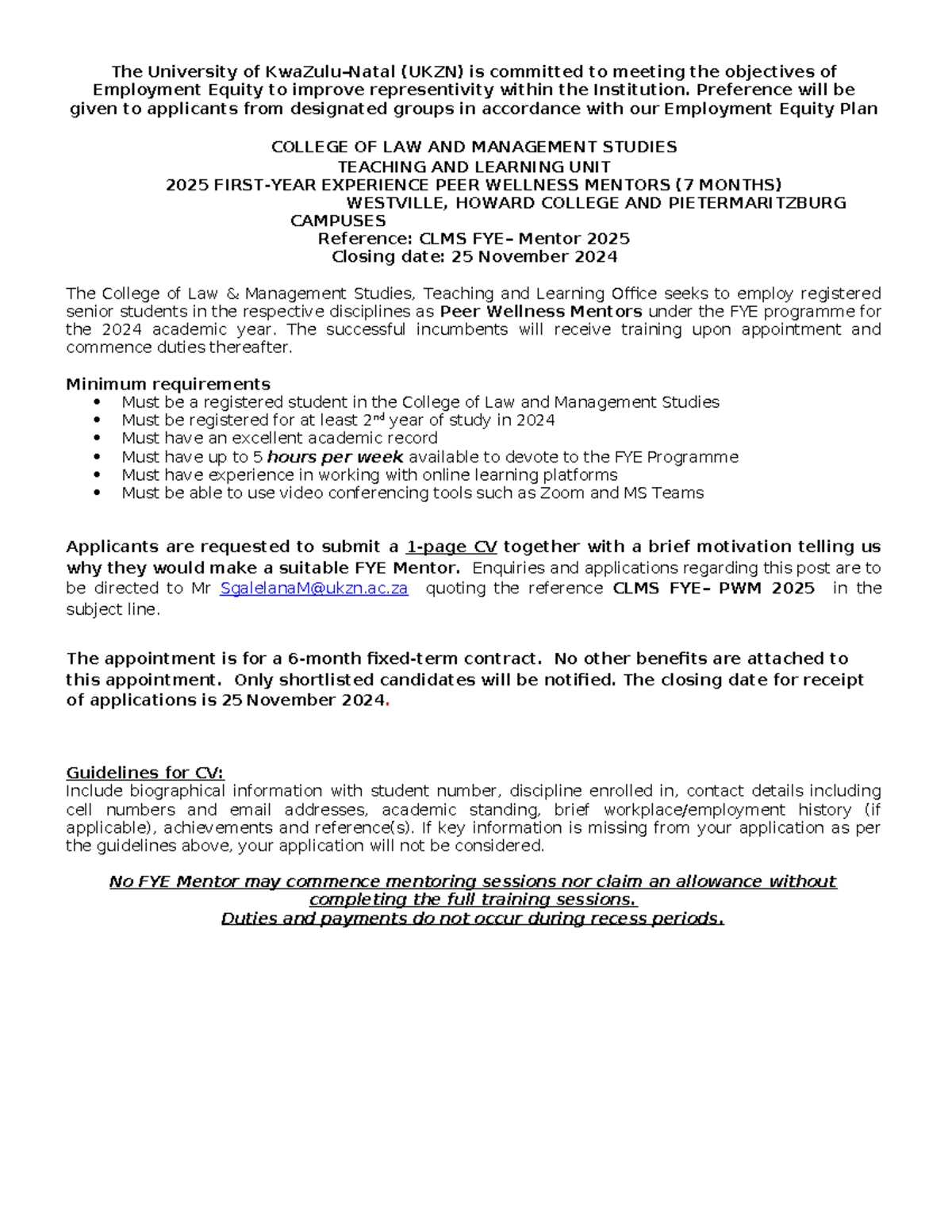 CLMS FYE Mentor Application 2025: Peer Wellness Mentors Guide - Studocu