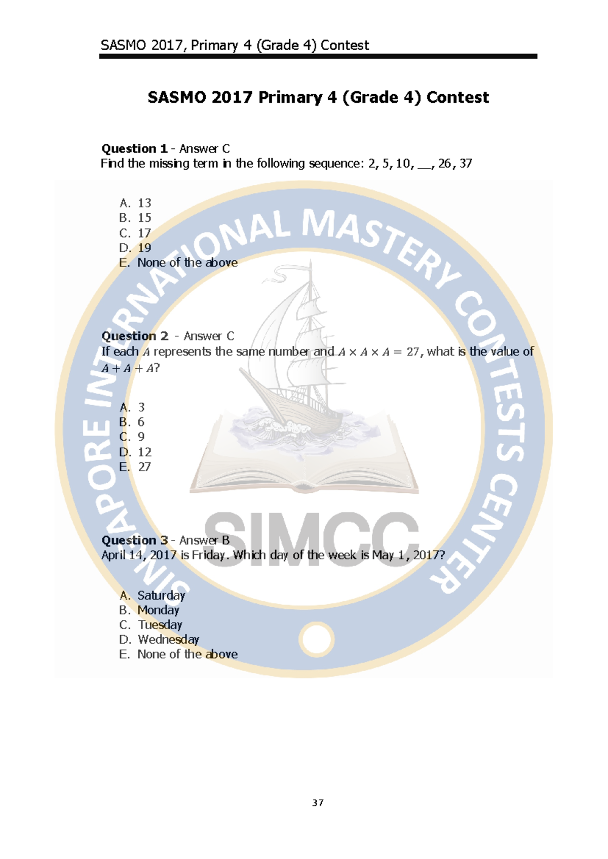 SASMO 2017 Primary 4 Contest Questions and Answers - Studocu