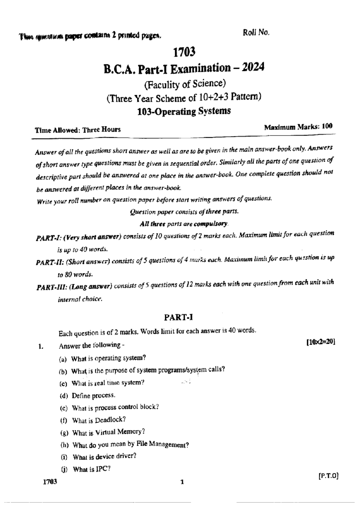 BCA 1703 Operating Systems Exam Paper 2024 - Studocu