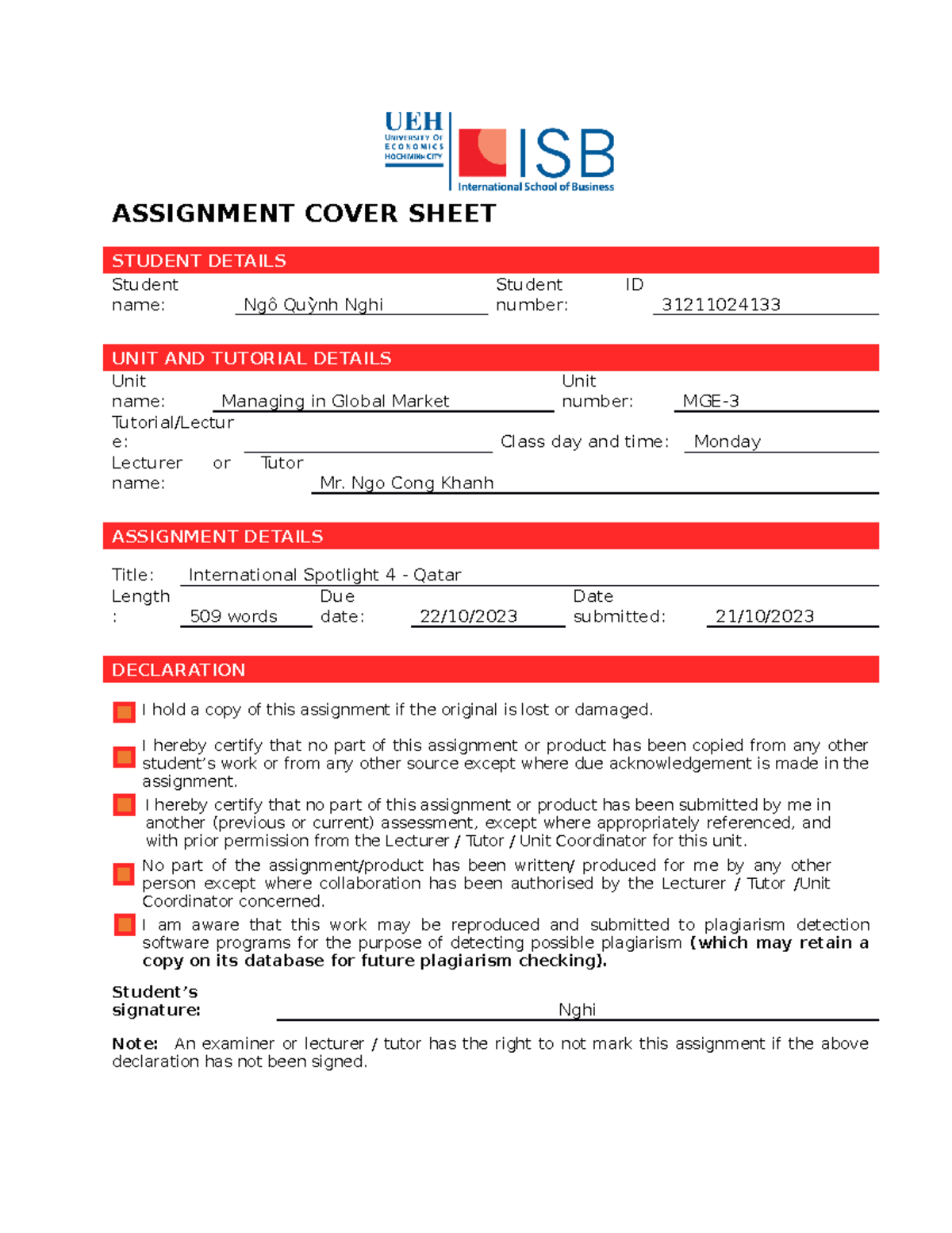 MGE3 International Spotlight 4 - Qatar - ASSIGNMENT COVER SHEET STUDENT DETAILS Student name ...
