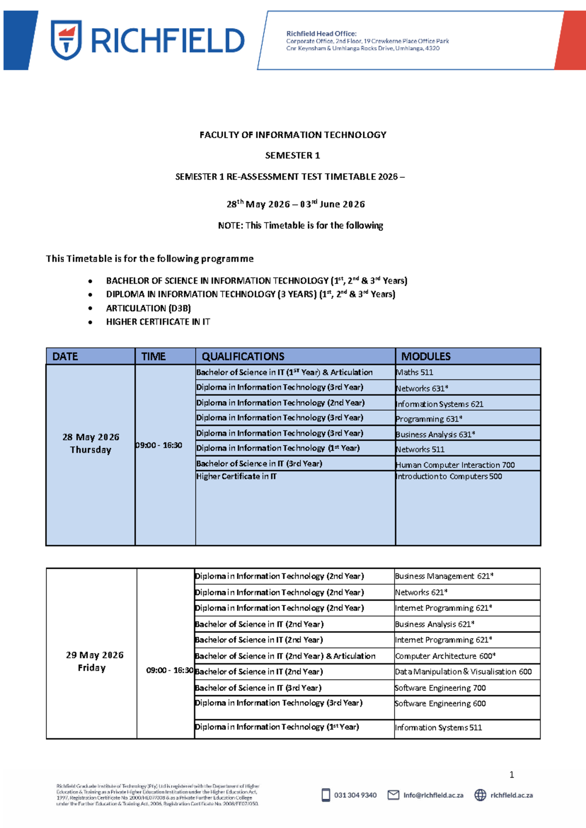 FACULTY OF IT SEM 1 RE-Assessment TEST Timetable 2026 - Studocu