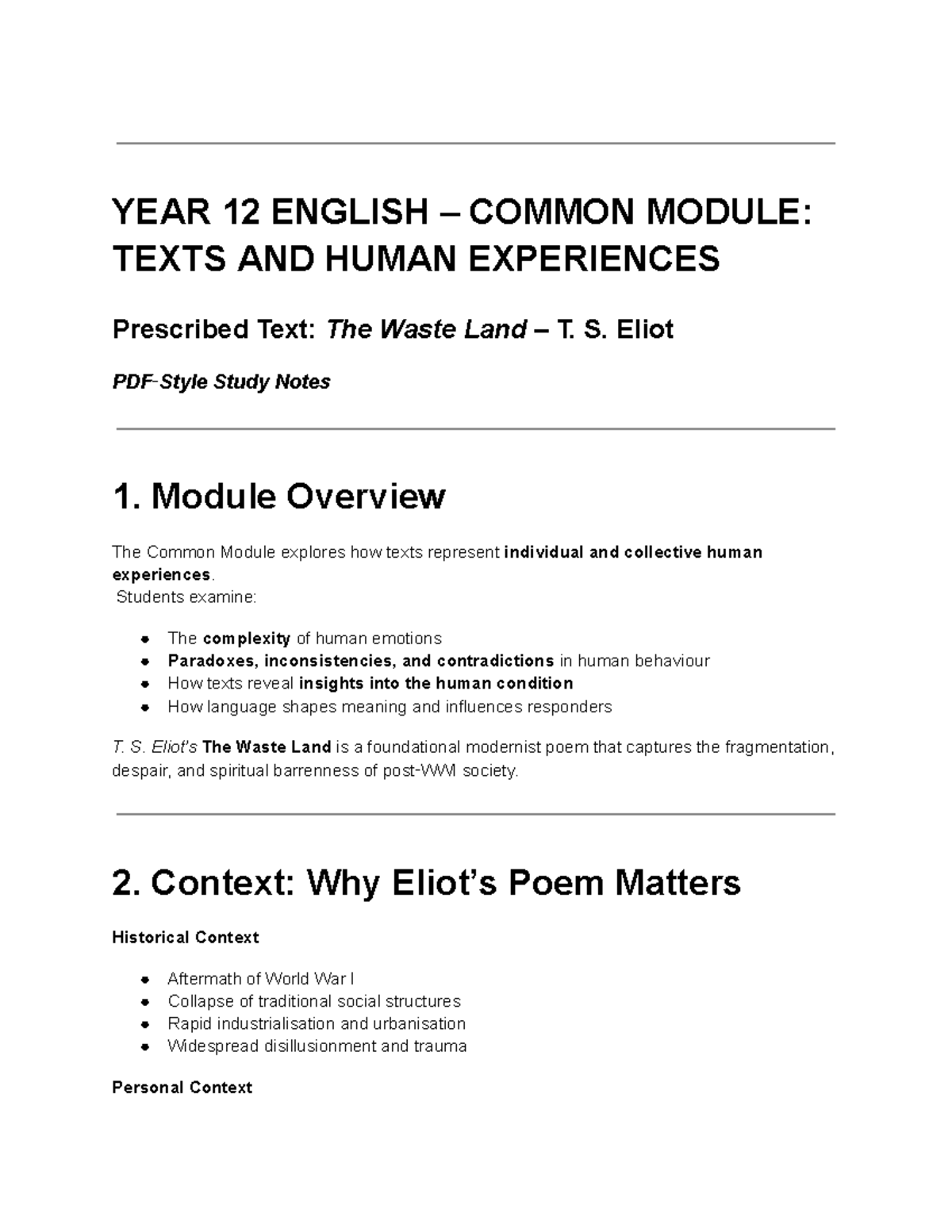 YEAR 12 ENGLISH COMMON MODULE: HUMAN EXPERIENCES IN THE WASTE LAND ...