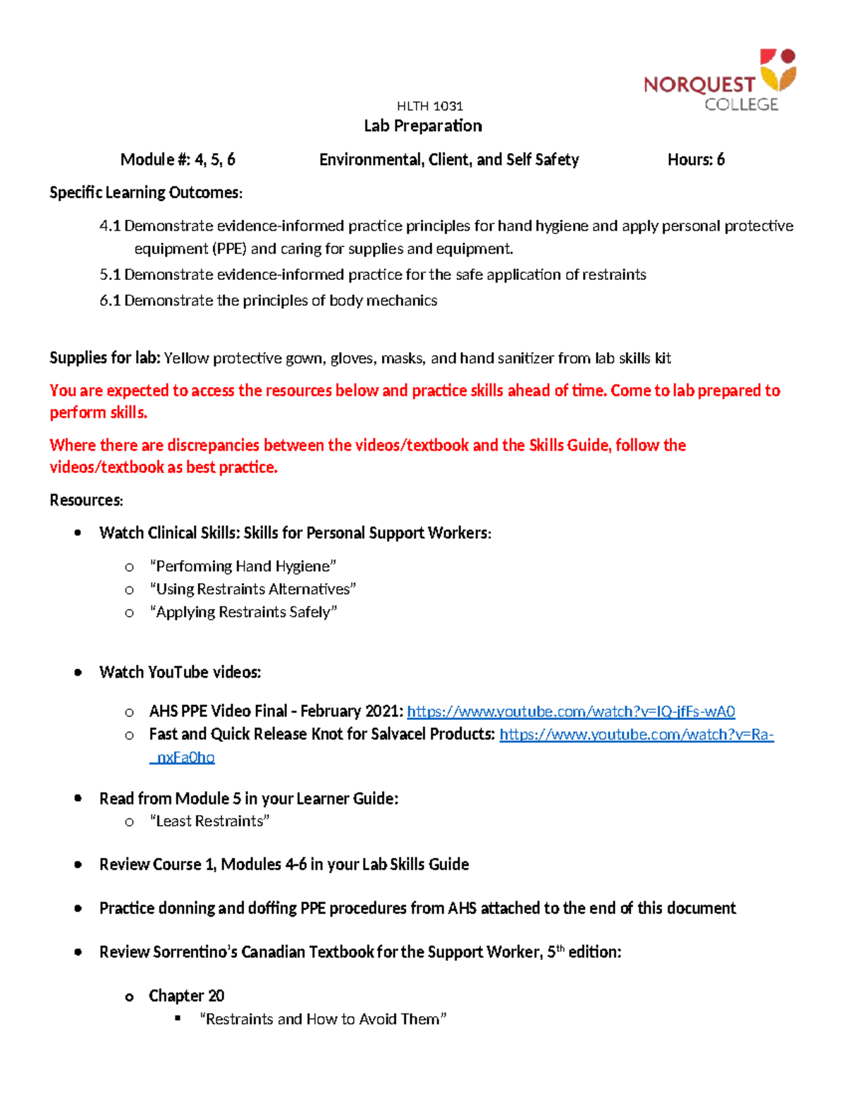 HLTH 1031 Lab Prep: Modules 4, 5, 6 on Safety & Skills - Studocu