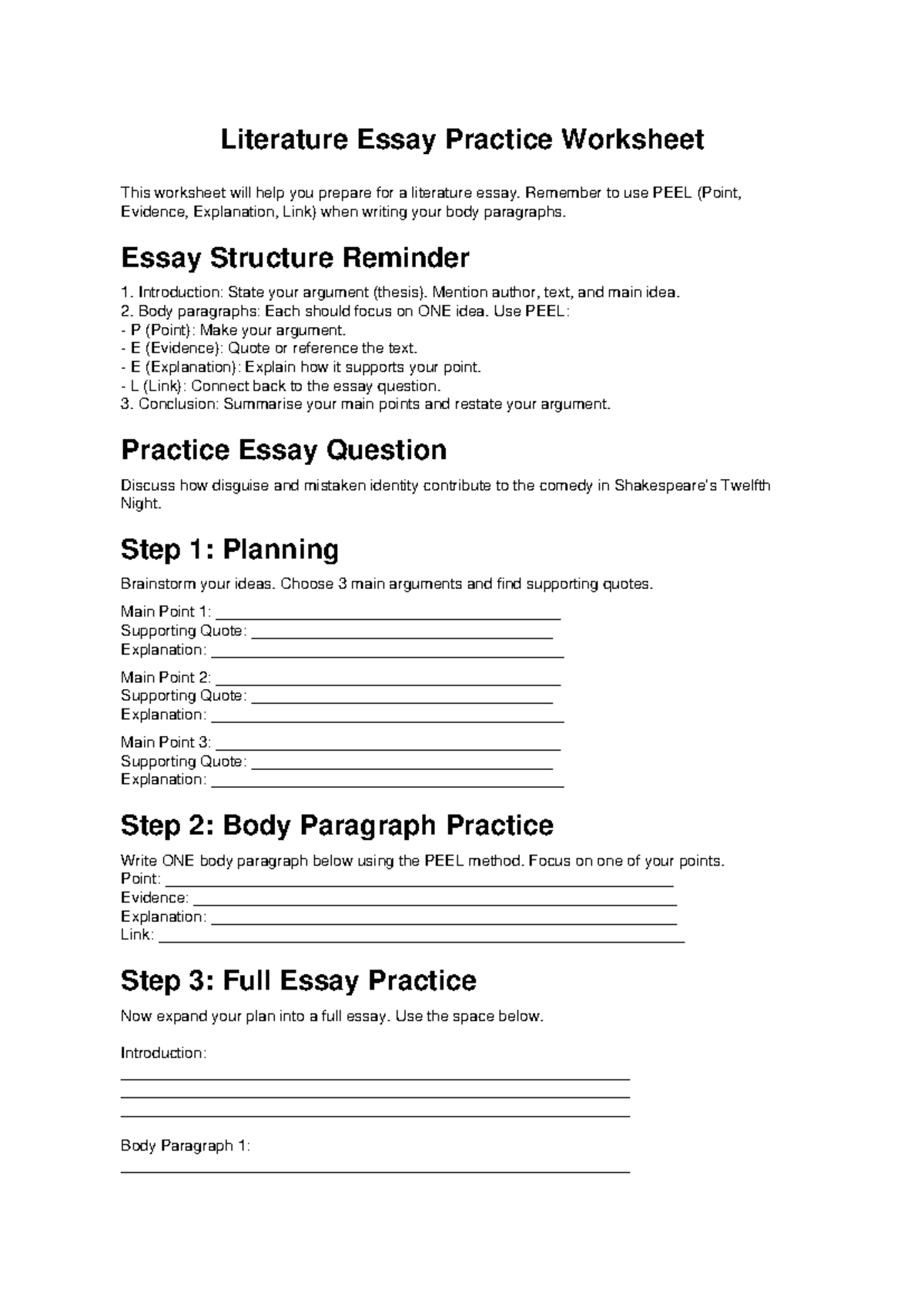 Literature Essay Practice Worksheet: PEEL Method Guide - Studocu