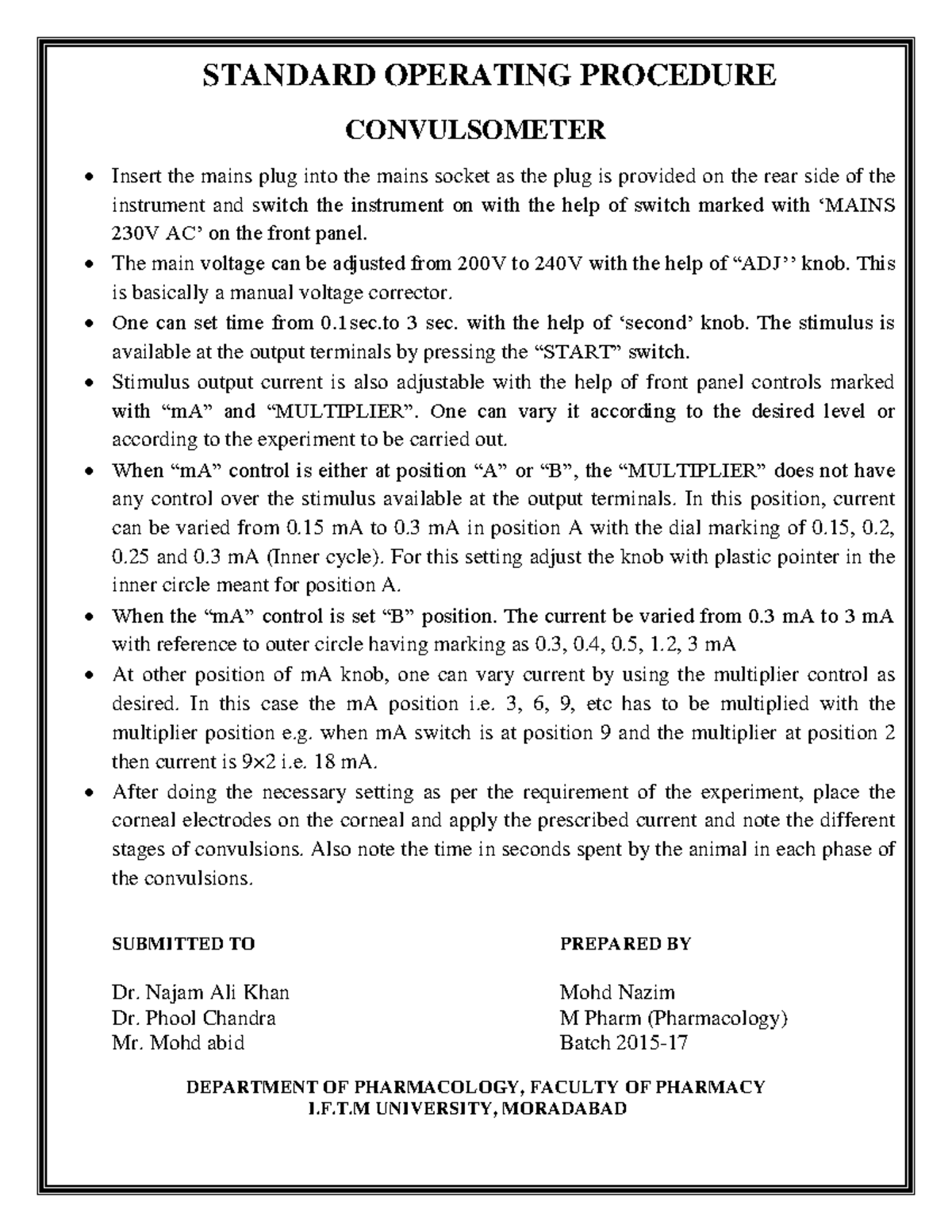 SOP for Convulsometer Operation in Pharmacology Lab - Studocu