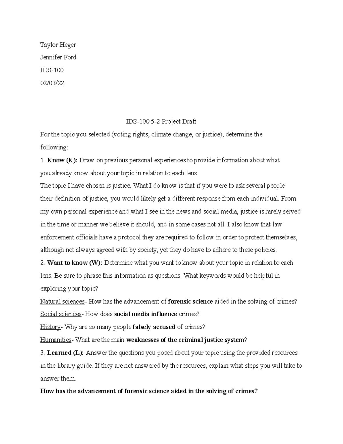 IDS 100 5-2 Justice Project Draft: Exploring Forensic Science & Crime ...