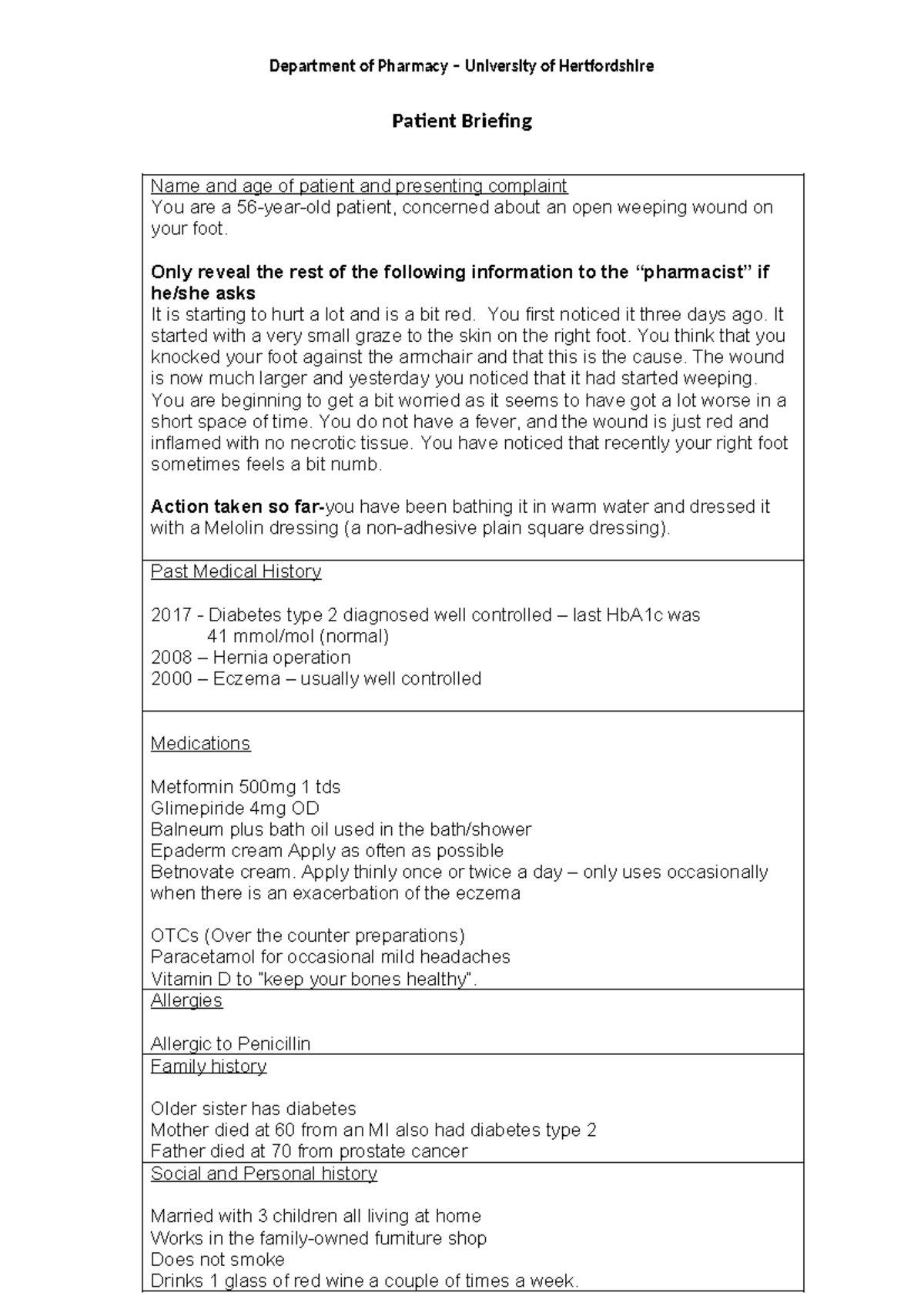 Patient Briefing: Foot Wound Concerns and Medical History - Studocu