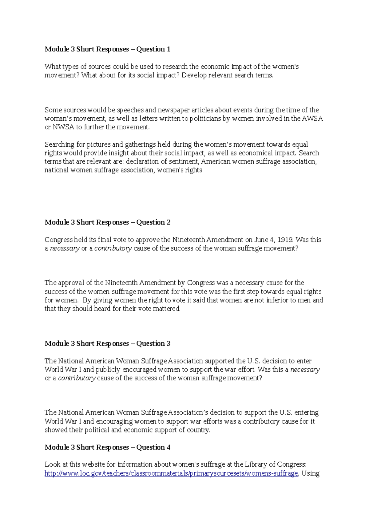 HIS 200 Module 3 Short Answer Responses on Women's Movement Impact ...