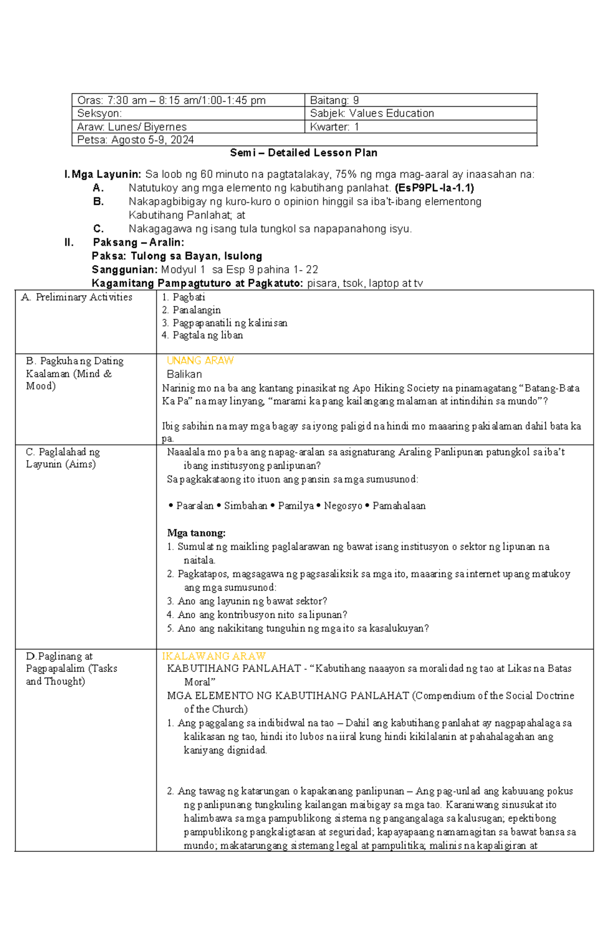 Semi-Detailed Lesson Plan: Values Education (EsP 9 Q1) - Studocu
