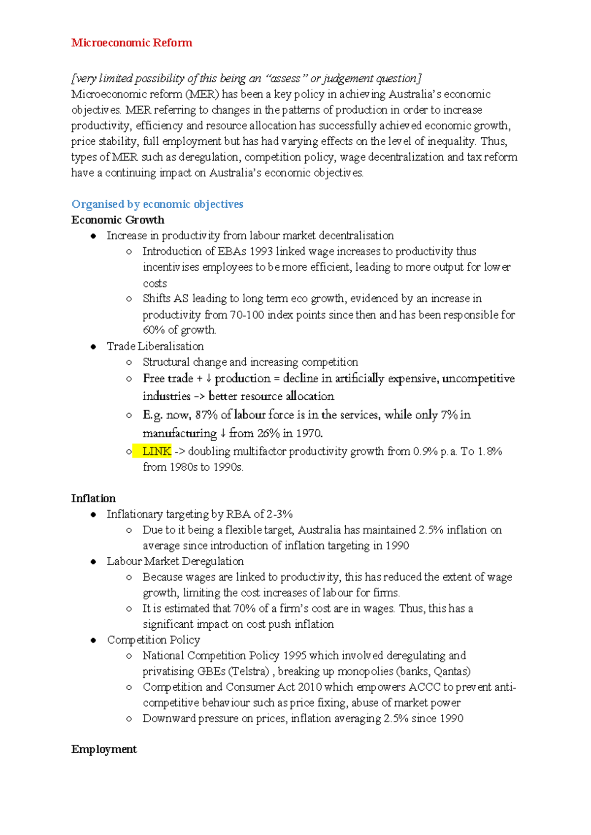 Microeconomic Reform (MER) Notes: Impact on Economic Objectives - Studocu