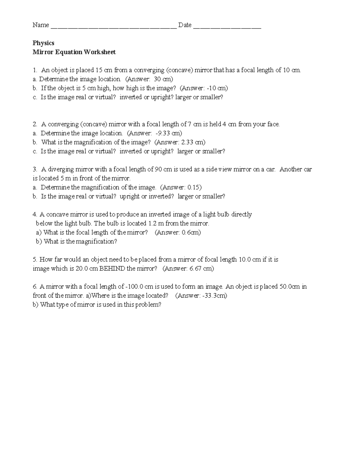Physics 101: Mirror Equation Worksheet and Solutions - Studocu