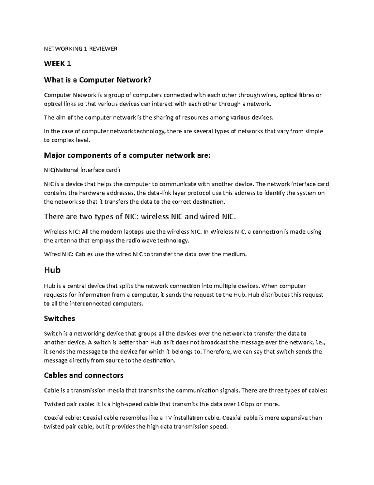 Networking 1 - Comprehensive Study Guide and Reviewer Guide - Studocu