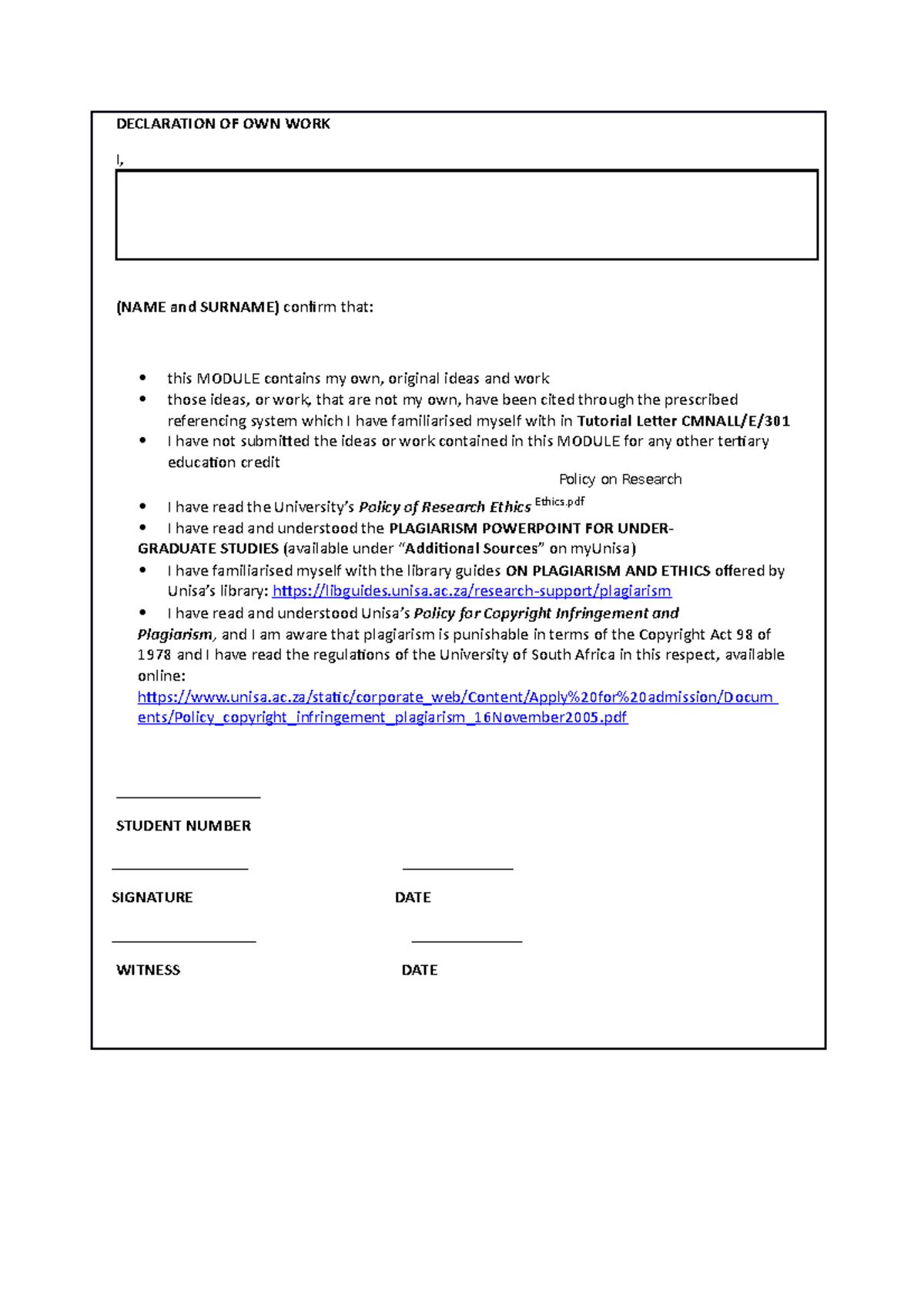 Declaration of Own Work for Module CMNALL/E - Studocu