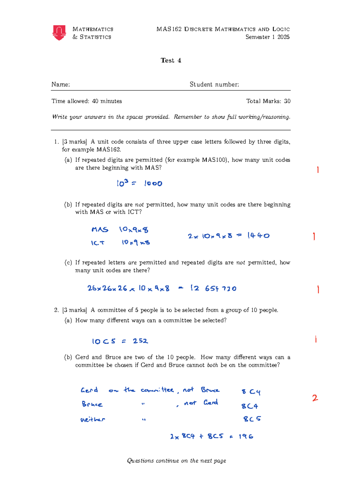 Mathematics Statistics MAS162 Discrete Mathematics Test 4 Solutions ...