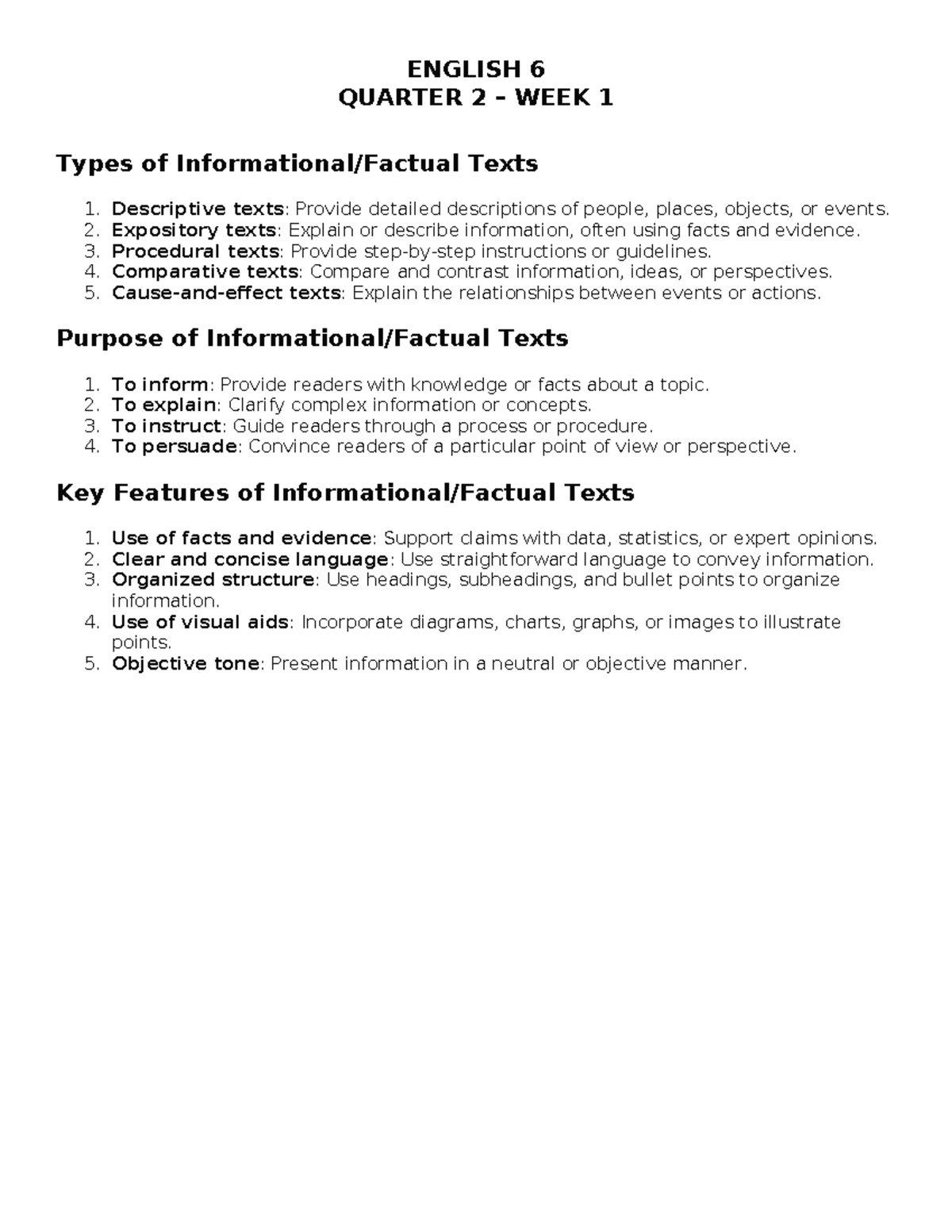 ENGLISH 6 Q2 W1 - Types, Purposes & Features of Texts Worksheets - Studocu