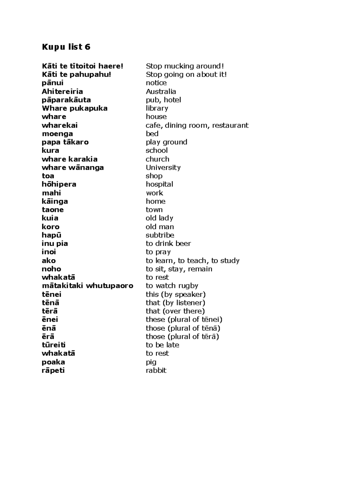Kupu List 6: Sentence Structures and Vocabulary Guide - Studocu