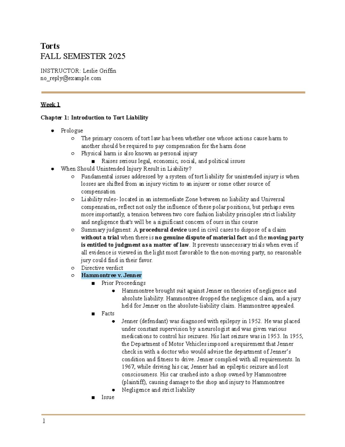 Torts Lecture Notes - Fall 2025: Intro to Tort Liability Concepts - Studocu