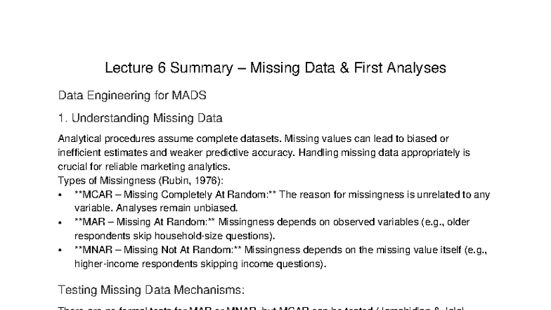 Lecture 6 Summary: Handling Missing Data in MADS 1 - Studeersnel