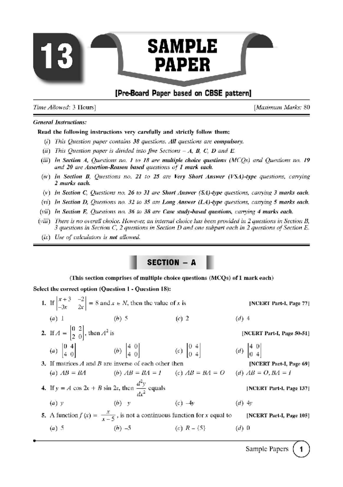 CBSE Class 12 EAD Mathematics 2026 Pre-Board Sample Paper 13 - Studocu