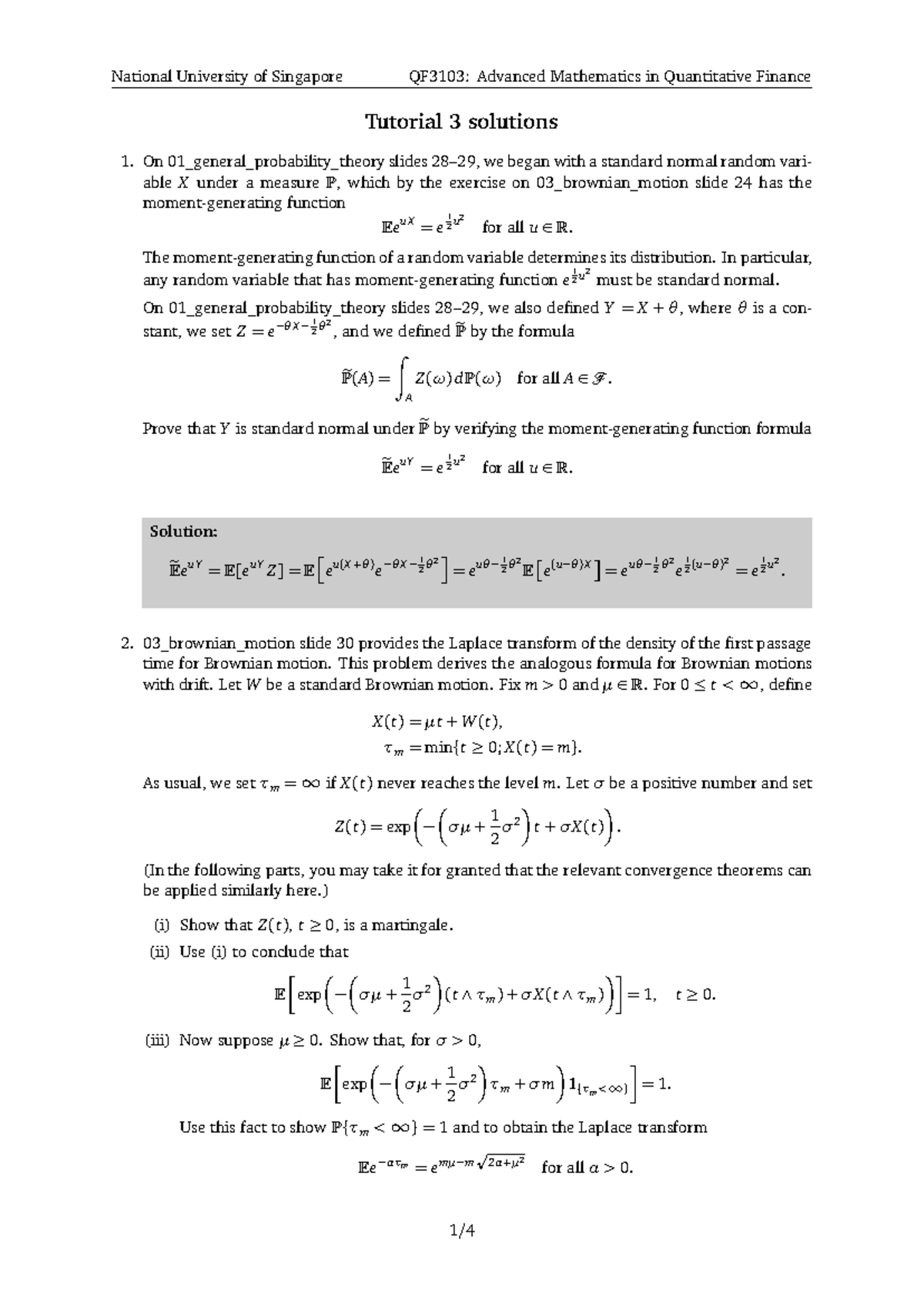 QF3103: Advanced Mathematics in Quantitative Finance Tutorial 3 ...