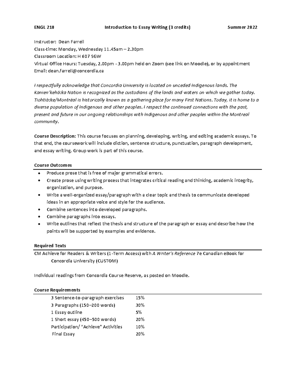 Summer 2022 ENGL210 Intro to Essay Writing Course Syllabus - Studocu