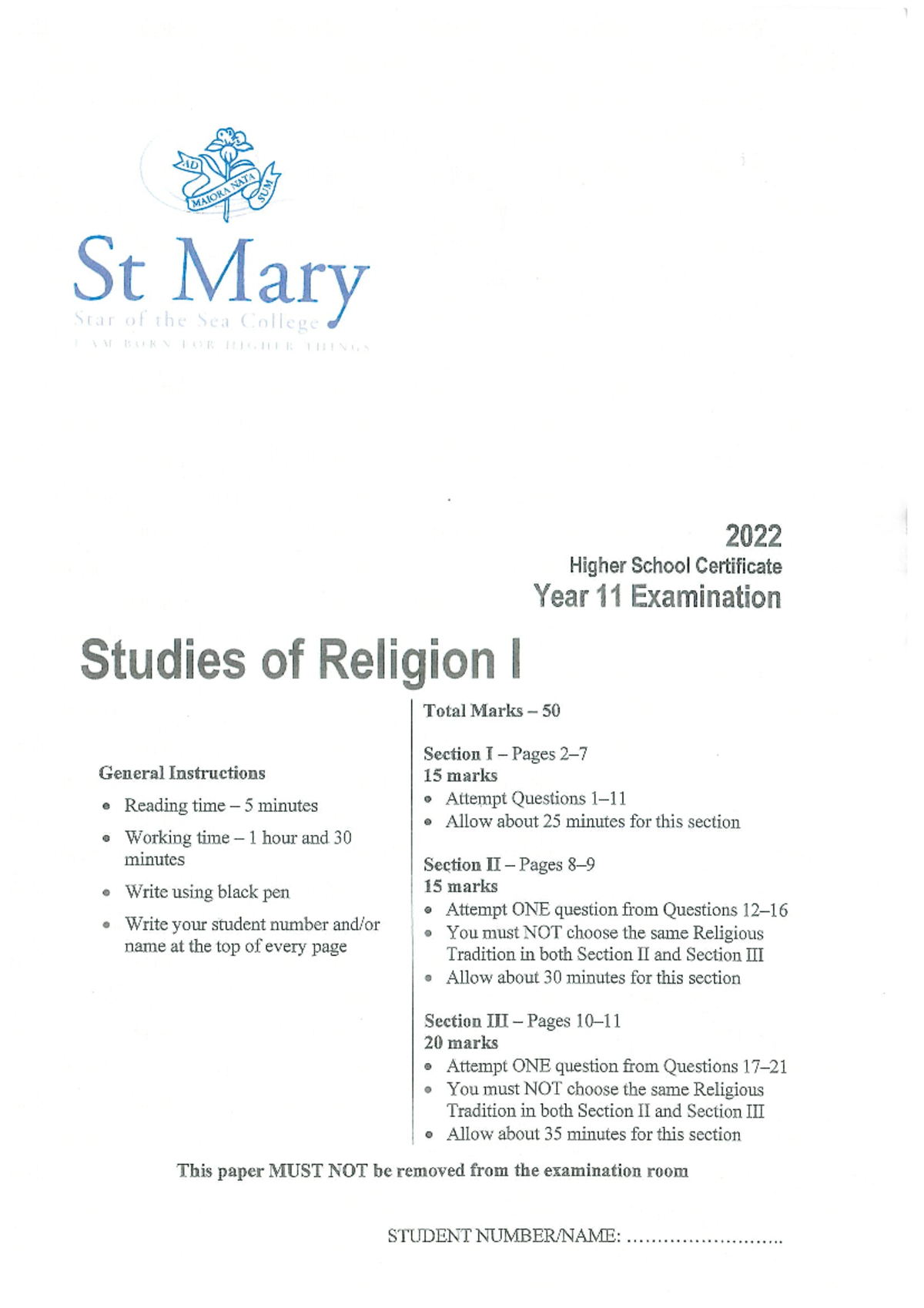 1U 2022 HSC Studies of Religion I Past Exam Paper - Studocu