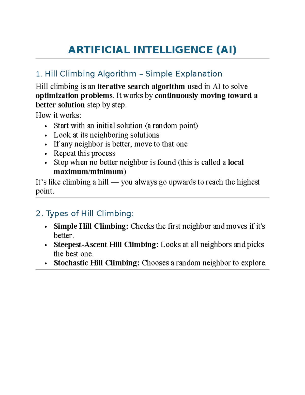 AI 1: Understanding the Hill Climbing Algorithm in Optimization - Studocu