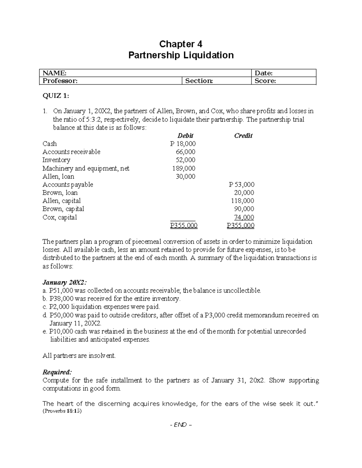 QUIZ Chapter-4: Partnership Liquidation Analysis and Computations - Studocu