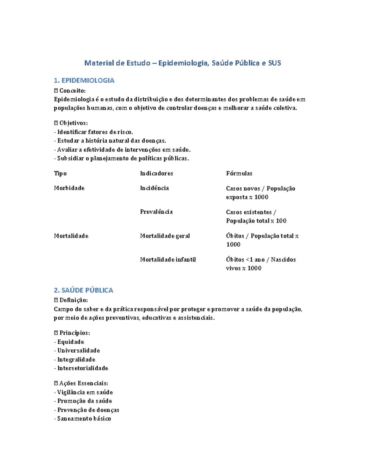 Material de Estudo: Epidemiologia, Saúde Pública e SUS 1 - Studocu