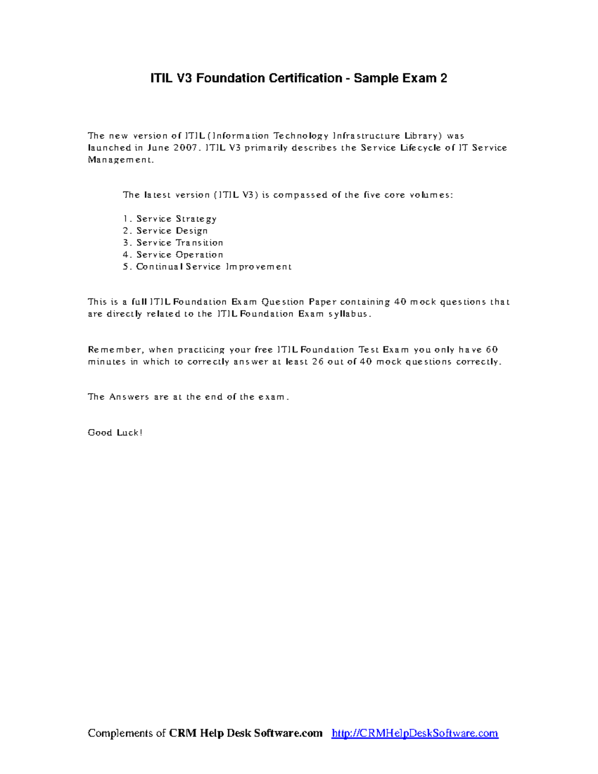 ITIL V3 Foundation Certification Sample Exam 2: Mock Questions ...