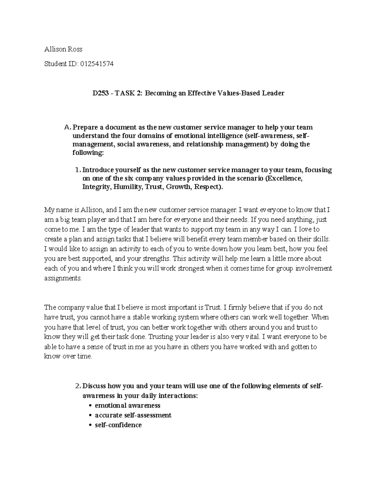 D253 Task 2: Strategies for Effective Leadership and Emotional ...